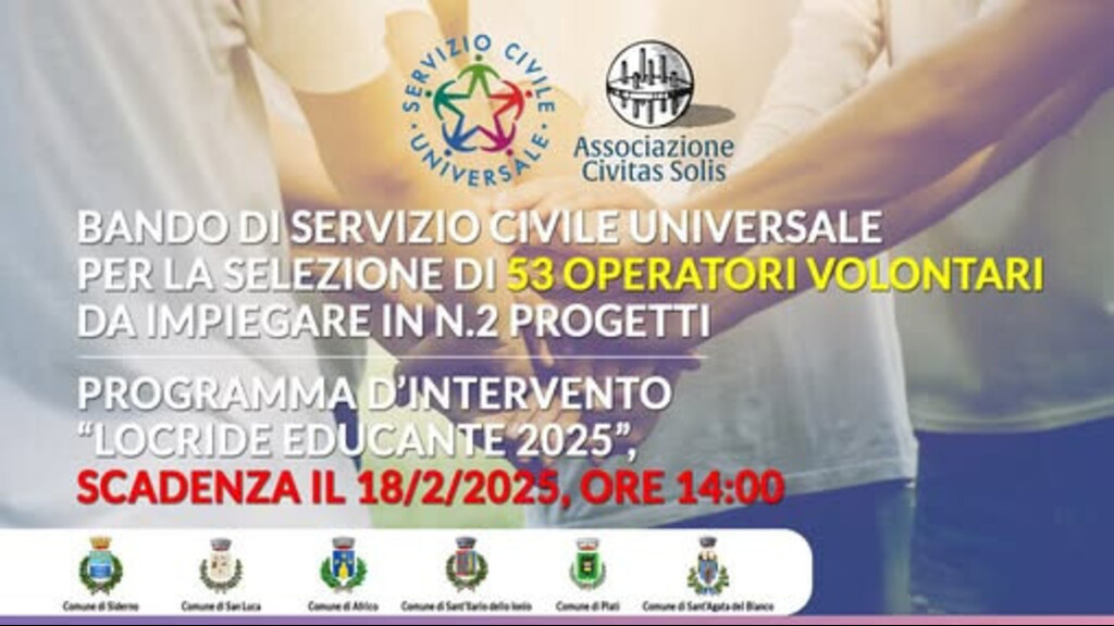 ReggioTV - Civitas Solis, 53 i posti disponibili per il Servizio Civile Universale